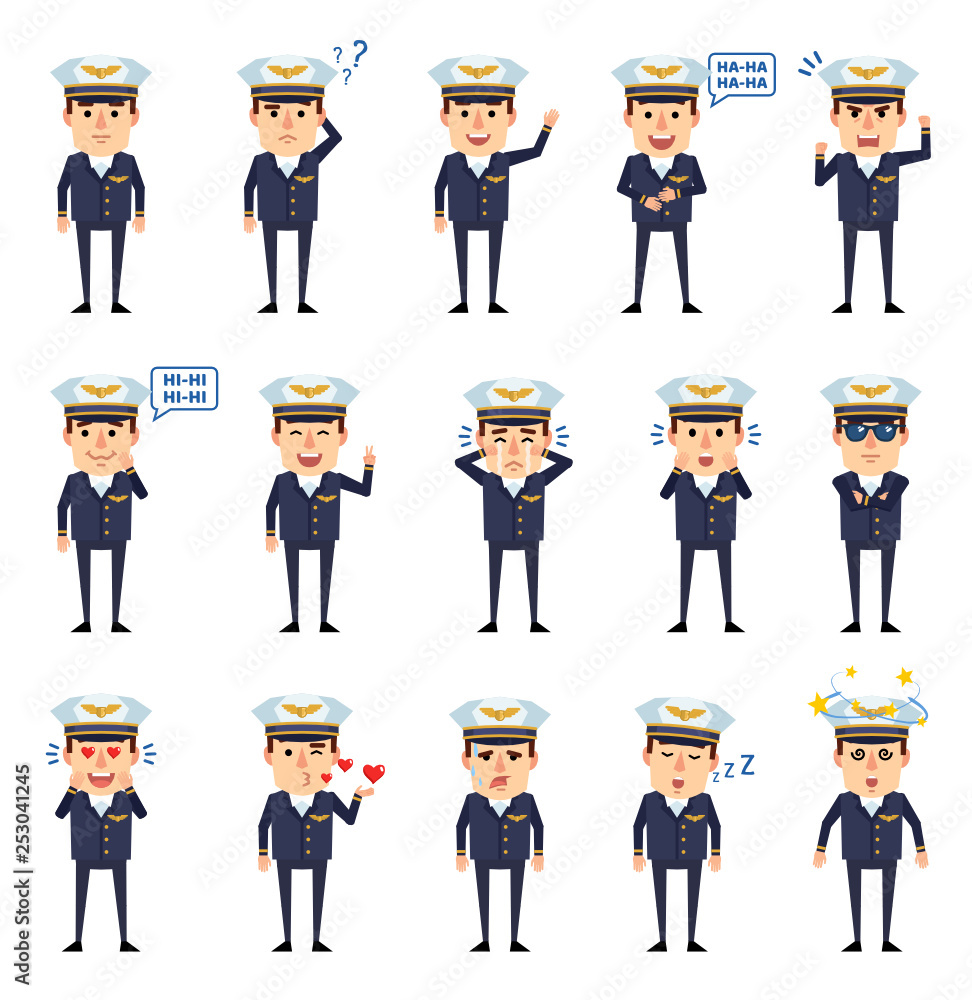 Set of airline pilot characters showing diverse facial expressions ...