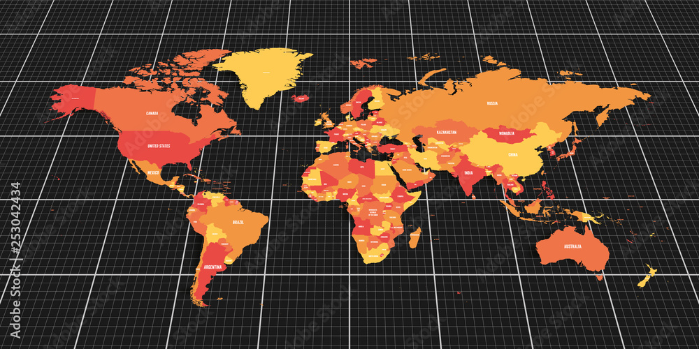 Colorful geopolitical map of World. Bottom perspective view with ...