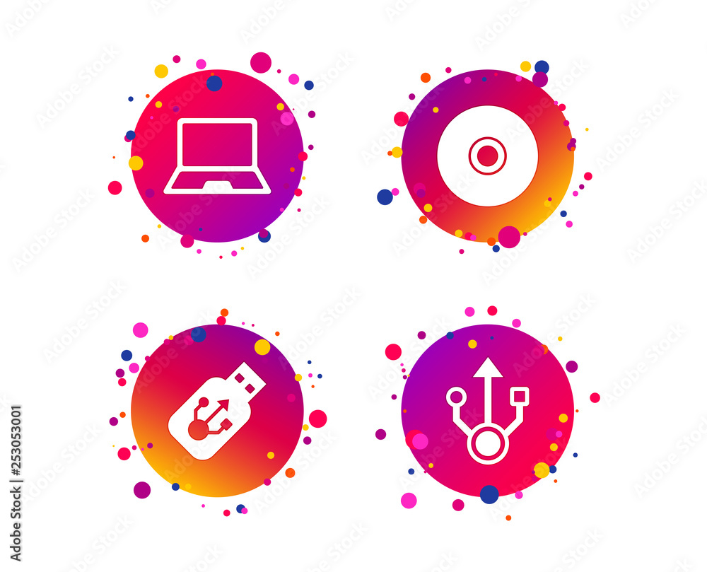 Usb flash drive icons. Notebook or Laptop pc symbols. CD or DVD sign ...