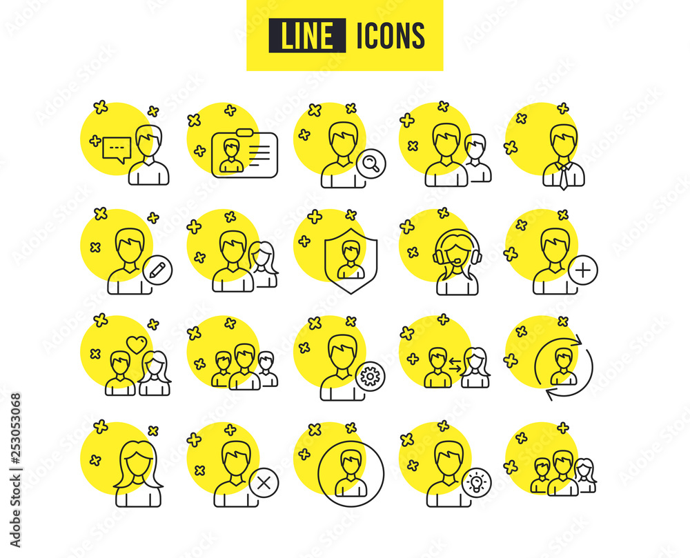 Users line icons. Male and Female Profiles, Group and Support signs. ID ...