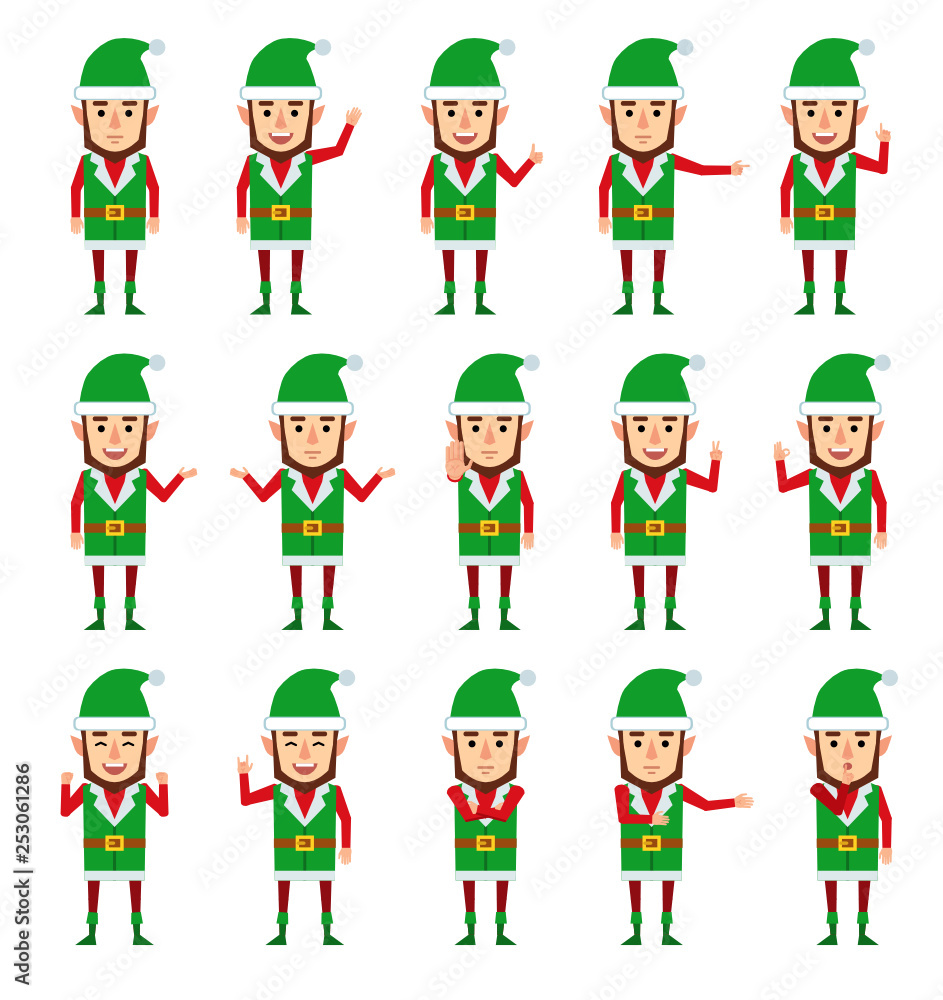 Set of Christmas elf characters showing different hand gestures ...