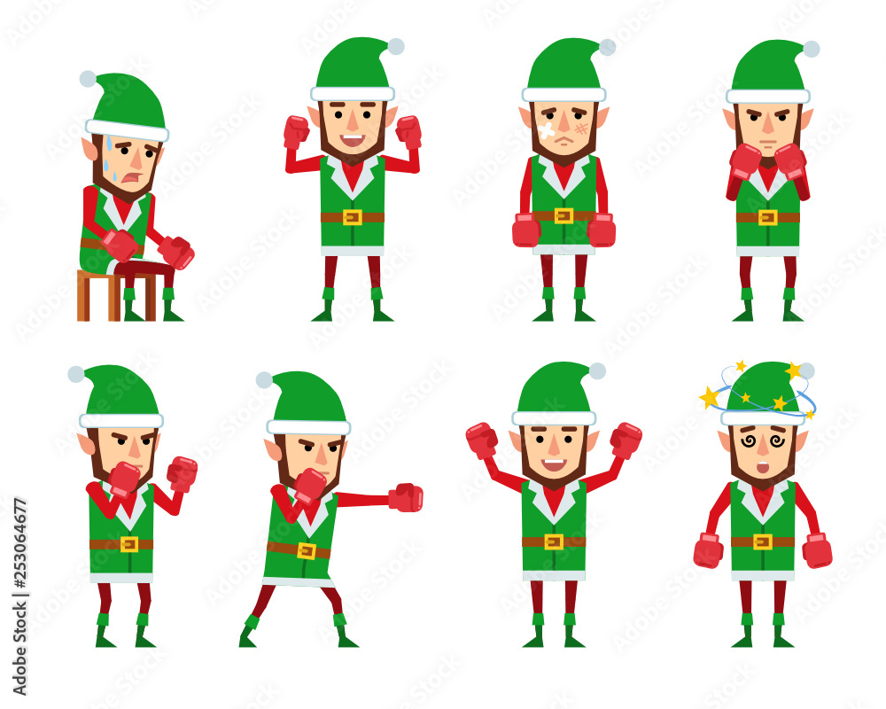 Set of funny elf characters posing with boxing gloves. Christmas elf ...