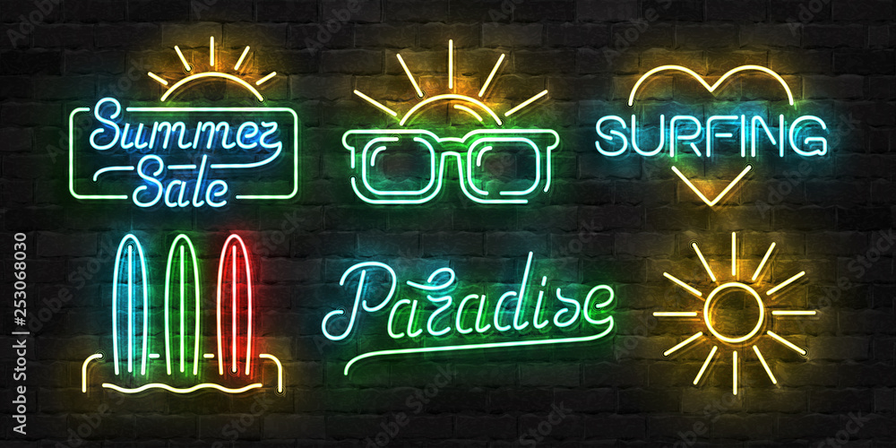 Vector set of realistic isolated neon sign of Summer logo for template ...