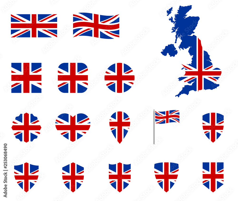 United kingdom flag icons set, national symbol of the Great Britain ...