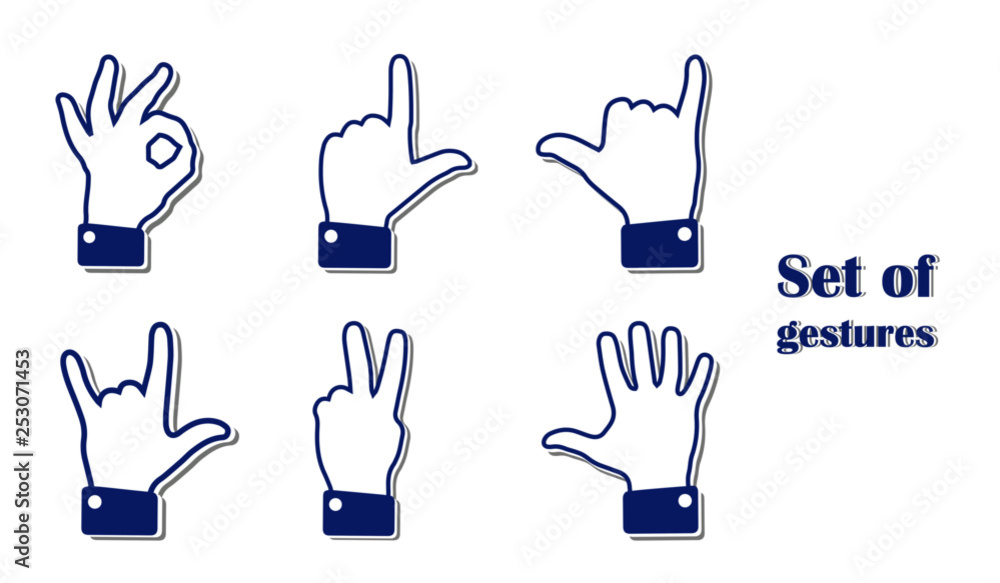 Set of different hand gestures. Flat signs shown with palm and fingers. Non-verbal or manual ...