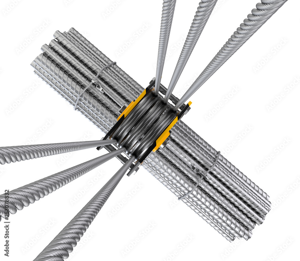 Crane hook hanging on a steel ropes with big steel reinforcement pack ...