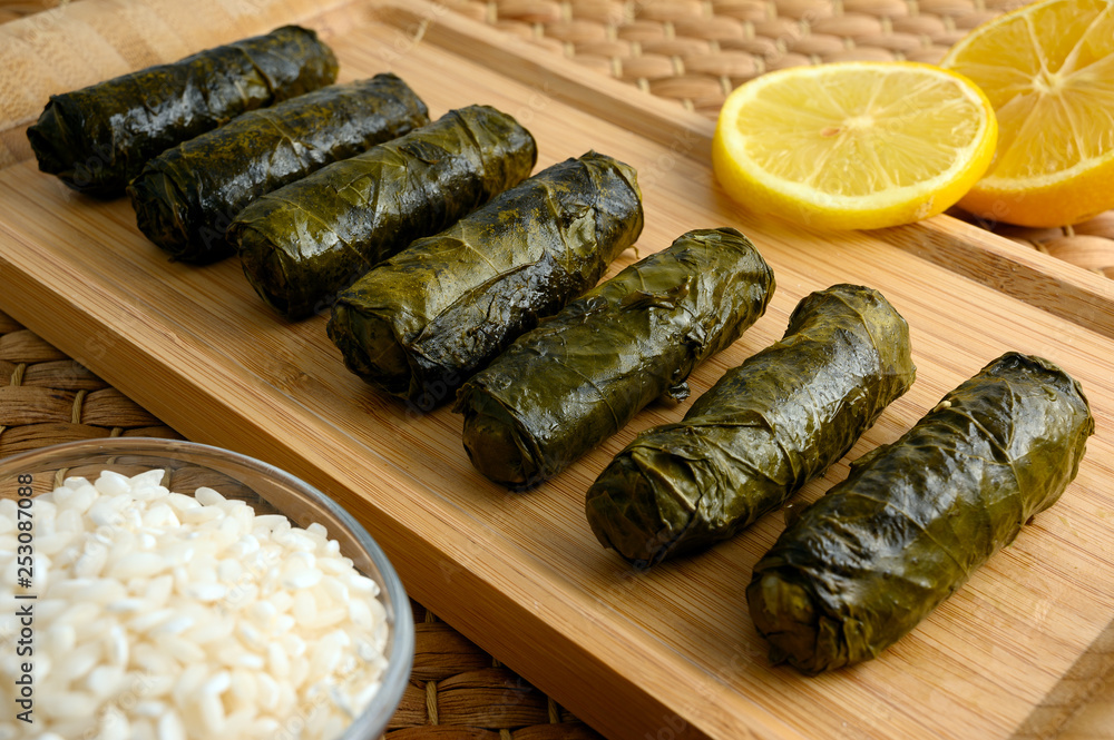 Delicious stuffed grape leaves (the traditional dolma of the ...