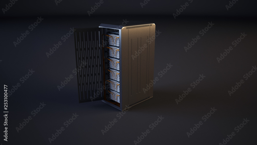 3D rendering of data center server rack tower. Full build with cable ...