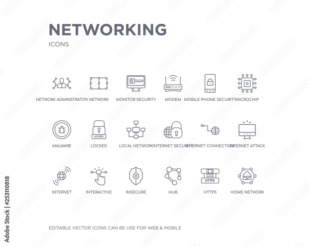 simple set of networking vector line icons. contains such icons as home ...