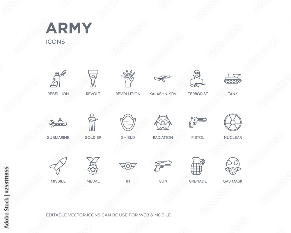 simple set of army vector line icons. contains such icons as gas mask ...