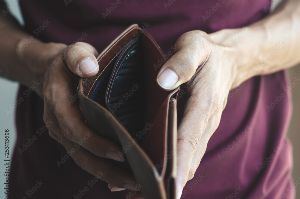 hipster man open show wallet with empty of money. financial poverty ...
