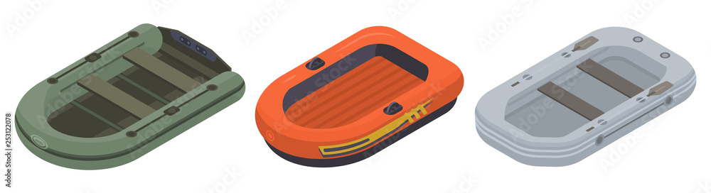 Inflatable boat icons set. Isometric set of inflatable boat vector ...