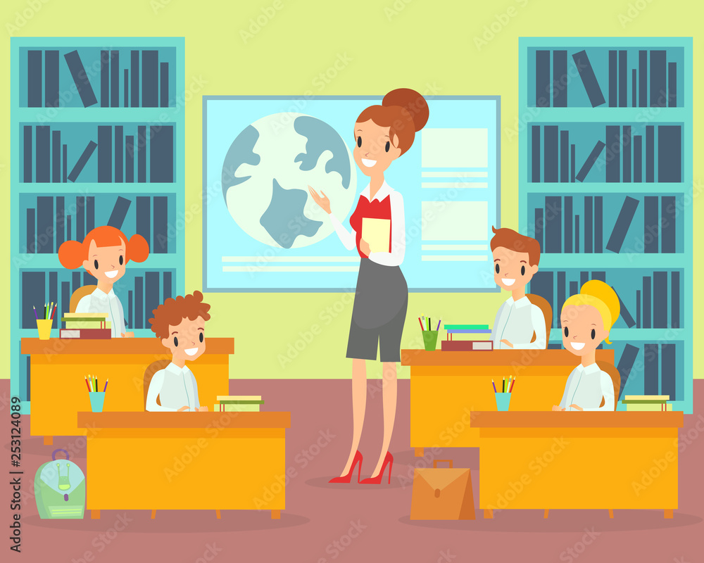 Vector illustration children in classroom with teacher. Female teacher ...