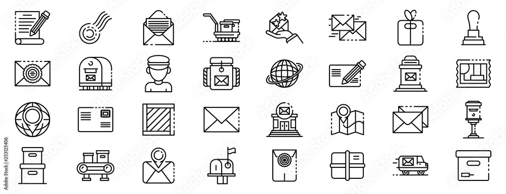 Postman icons set. Outline set of postman vector icons for web design ...