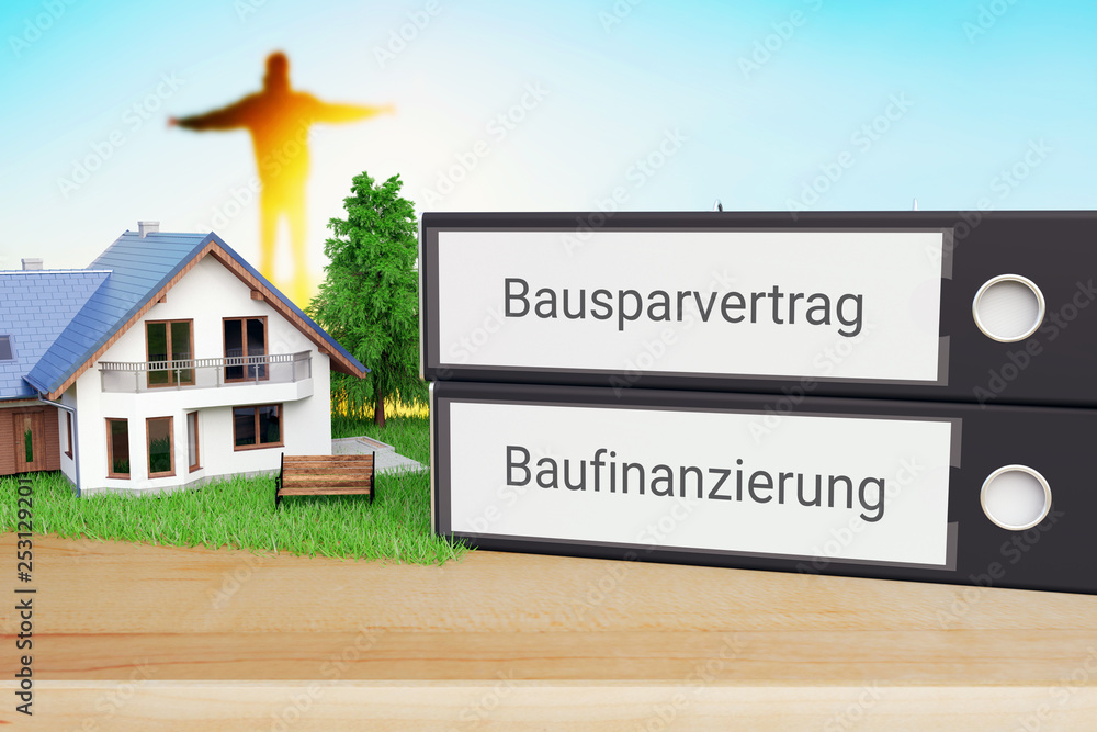 Bausparen. Akten-Ordner beschriftet mit den Wörtern Bausparvertrag und ...
