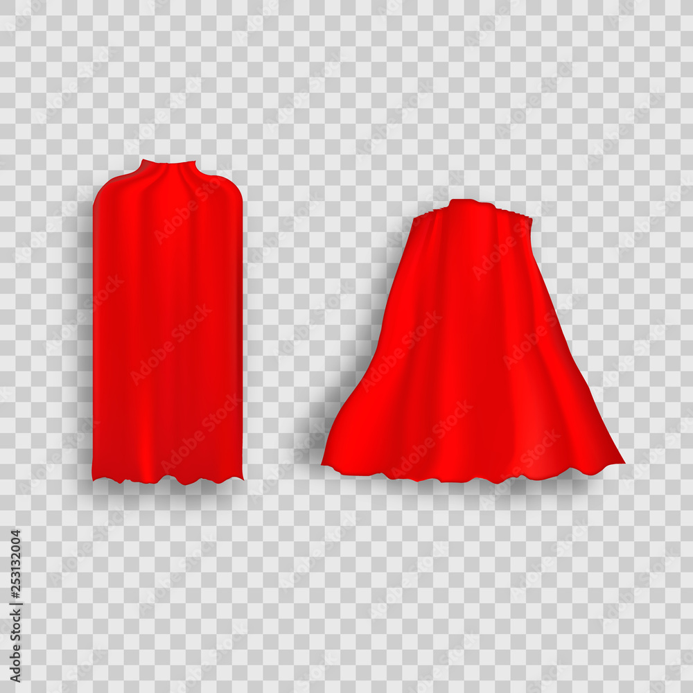 Superhero red cape in different positions, front, side and back view on ...