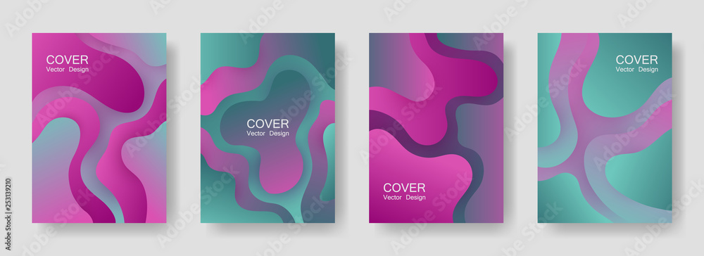 Gradient liquid shapes abstract covers vector set. Glitch presentation ...