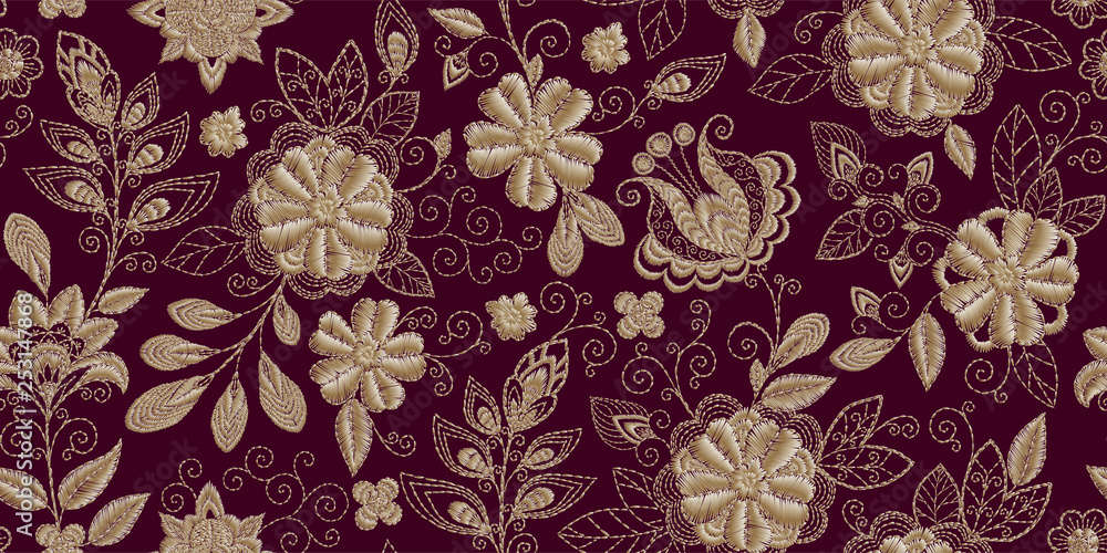 Embroidery seamless pattern with beautiful flowers. Vector handmade ...