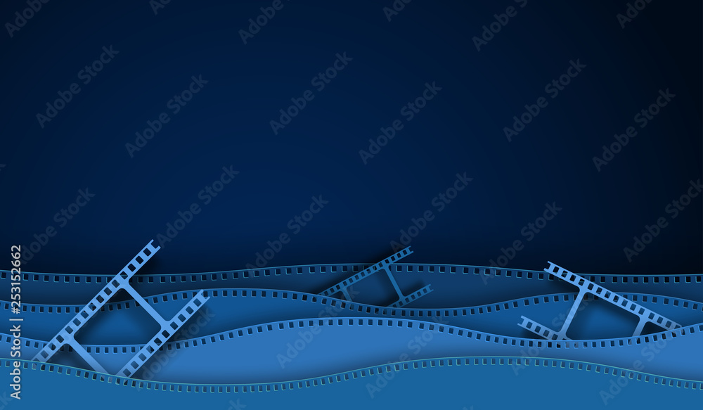 Paper cut cinema decorations with film strip frame isolated on blue ...
