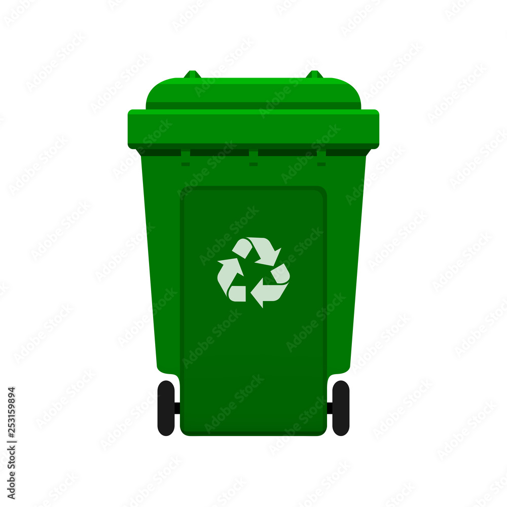 Bin, Recycle plastic green wheelie bin for waste isolated on white ...