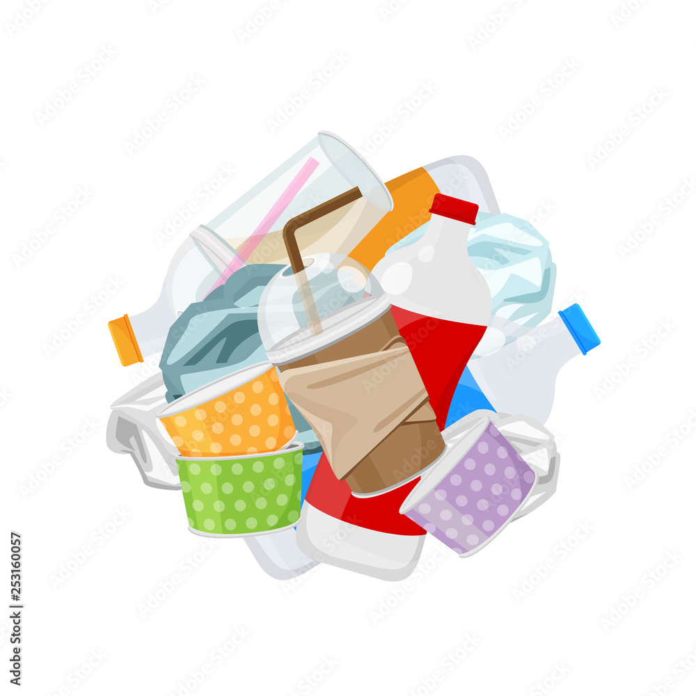 pile of plastic waste dump isolated on white background, plastic bottle ...