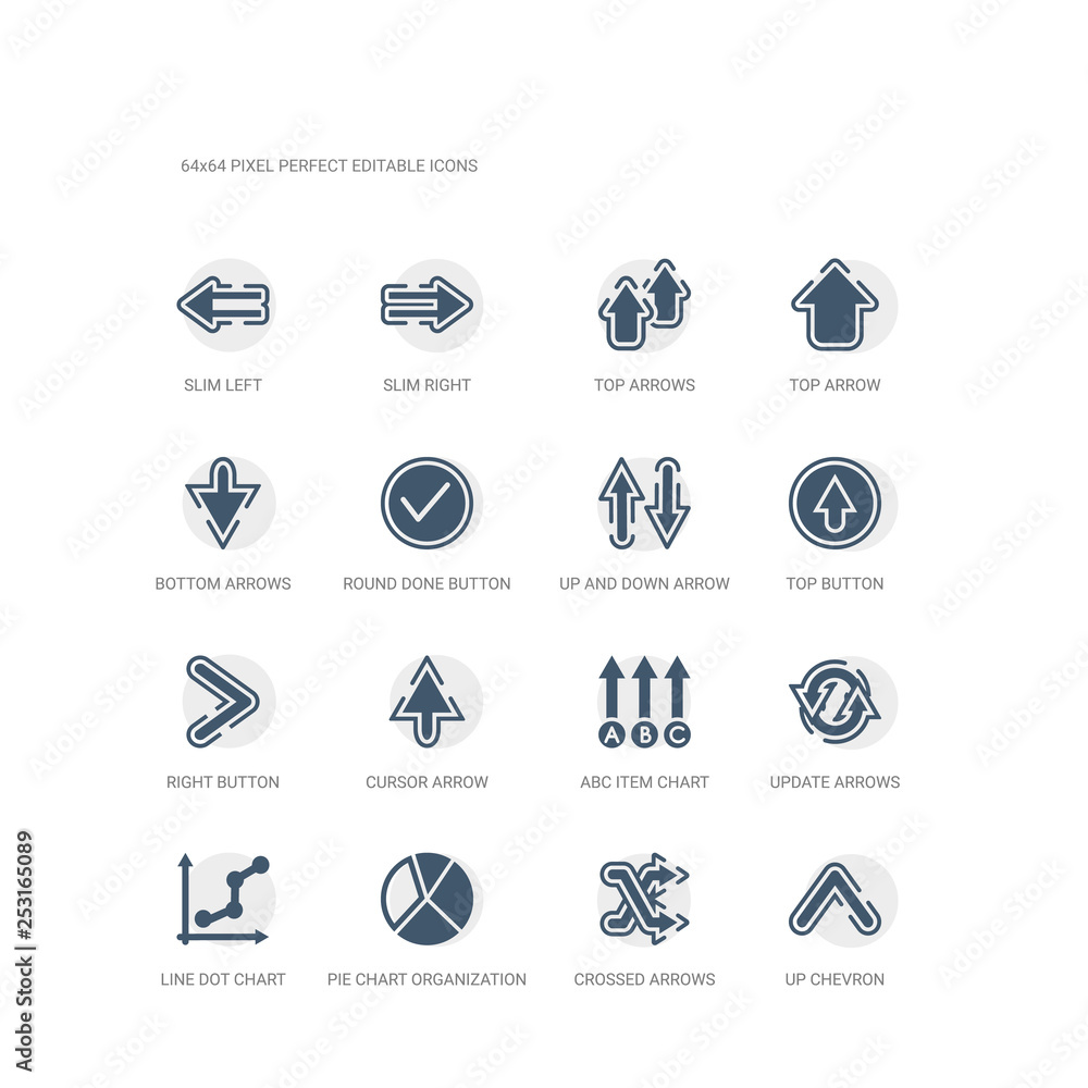 simple set of icons such as up chevron, crossed arrows, pie chart ...