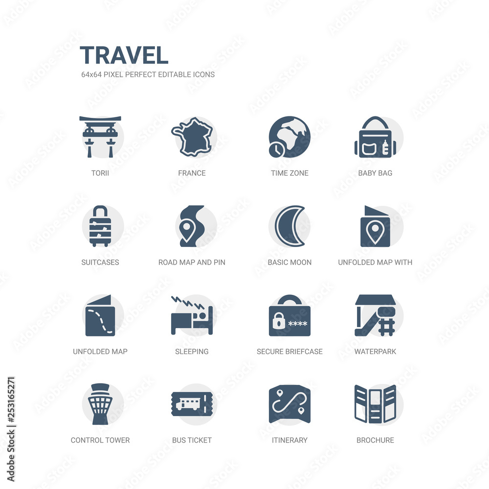 simple set of icons such as brochure, itinerary, bus ticket, control ...