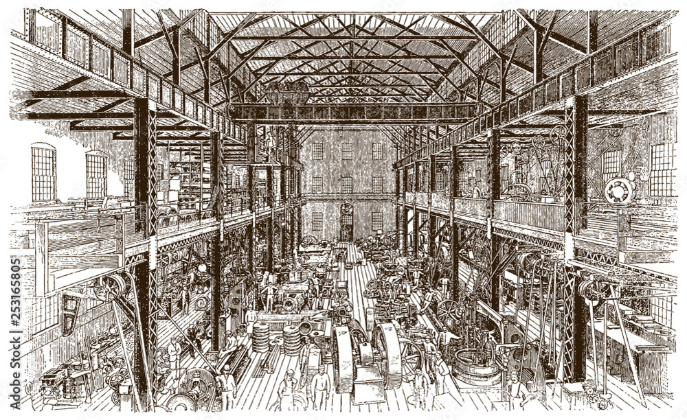 Interior view of historical machine shop, factory building with ...