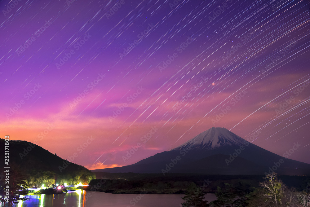 Star trails and Mount Fuji at twilight, the World Heritage, view at ...