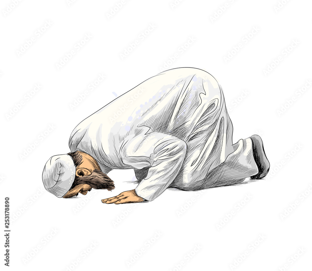 Muslim man praying, hand drawn sketch, illustration of paints Stock ...