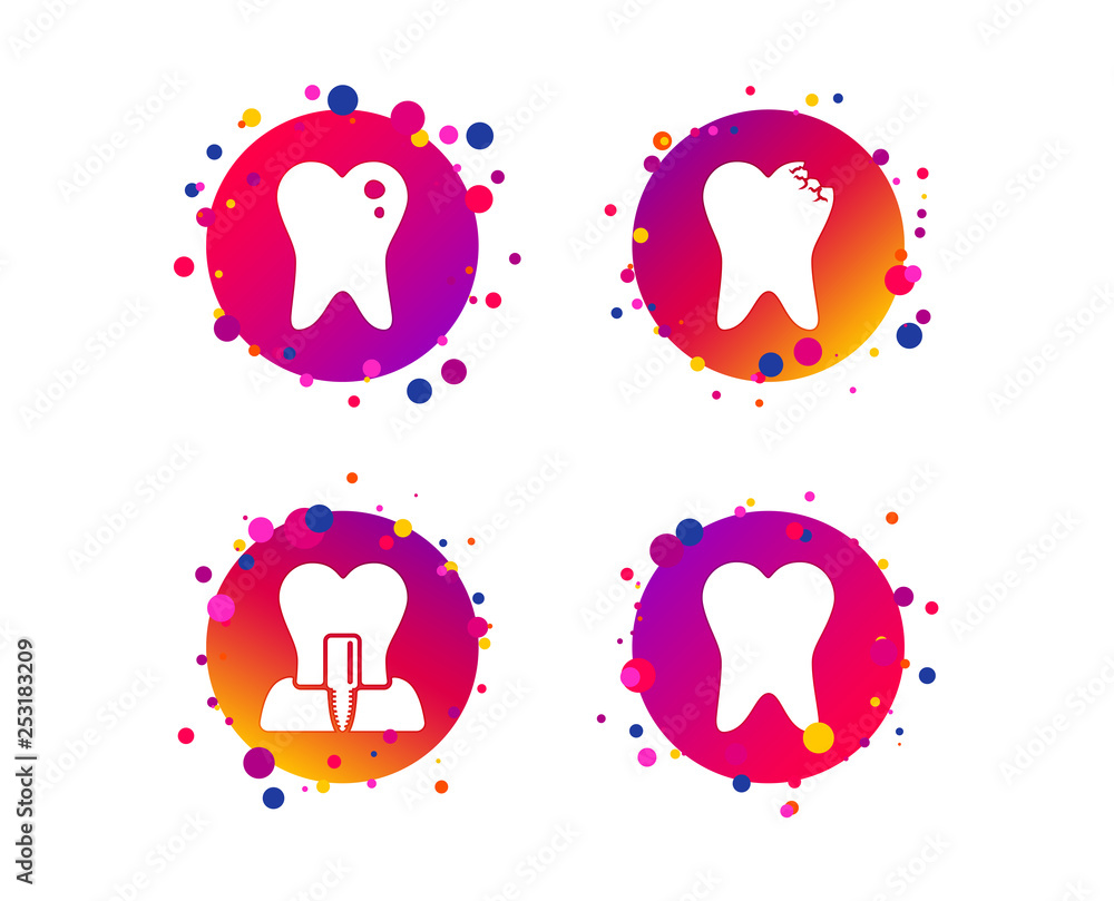 Dental care icons. Caries tooth sign. Tooth endosseous implant symbol. Gradient circle buttons ...