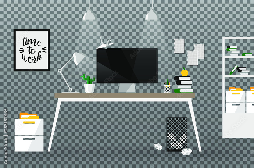Flat style of creative workspace with black brick wall. Modern ...