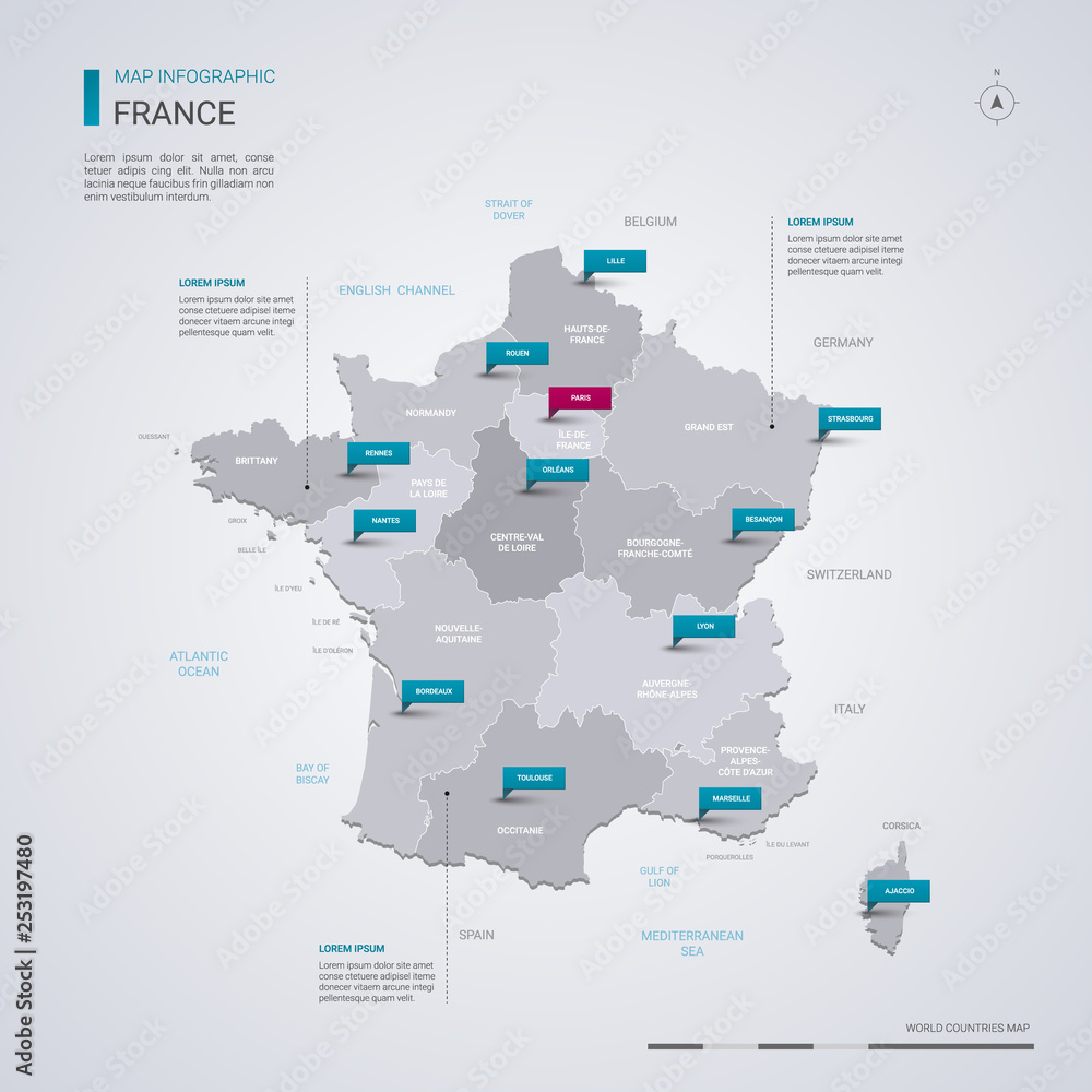 France vector map with infographic elements, pointer marks. Stock ...