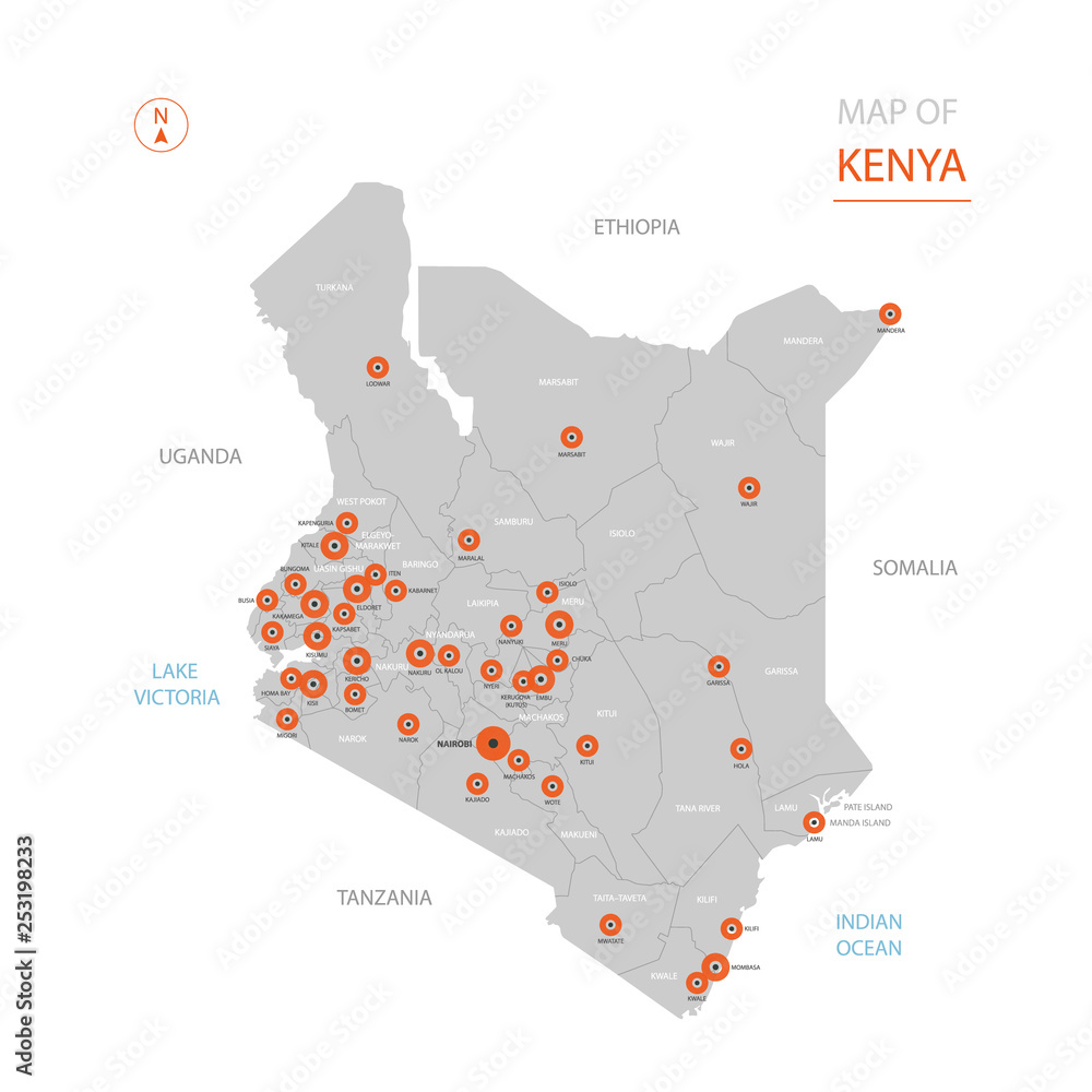 Stylized vector Kenya map showing big cities, capital Nairobi ...