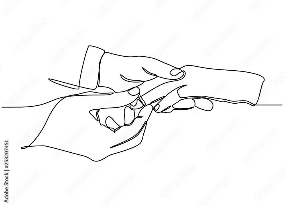 continuous line drawing of close up of male hand inserting an ...