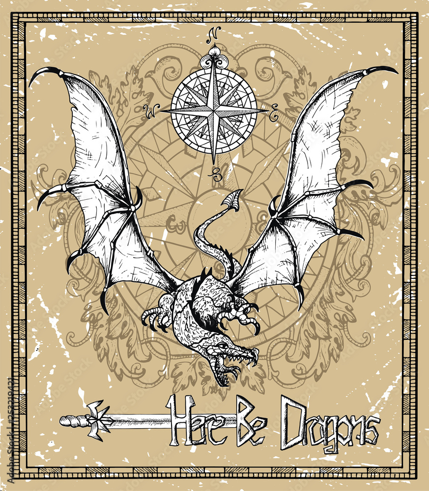 Beautiful flying dragon, ancient sword and compass in frame. Vector ...