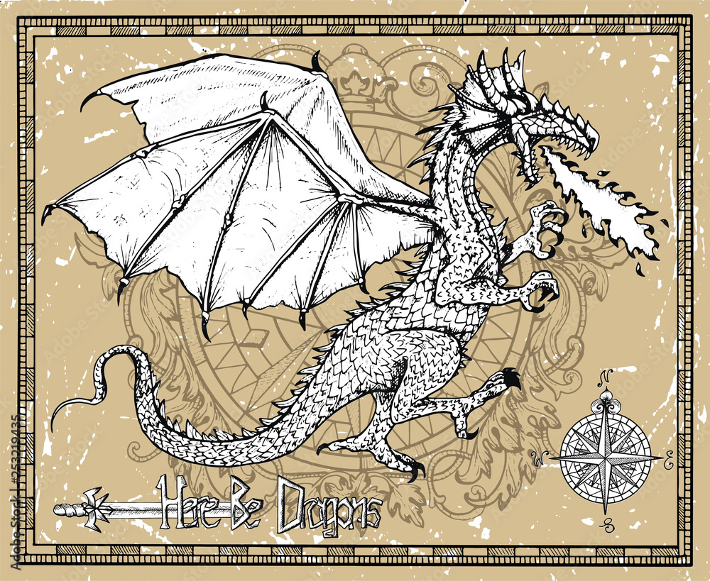 Dragon snorting fire, compass and title Here Be Dragons in frame ...