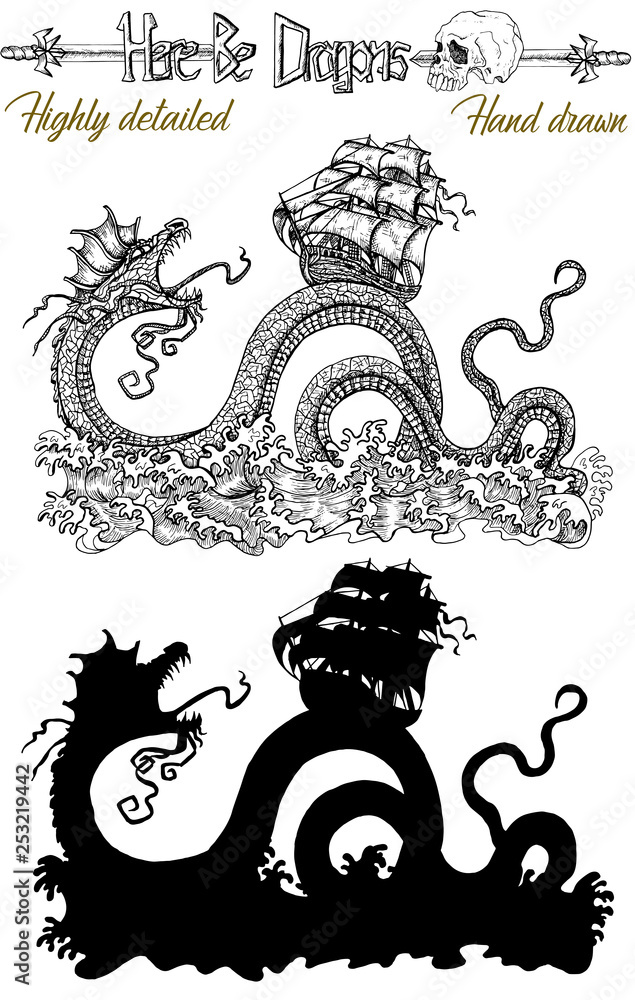 Set with scary detailed Leviathan striking old sailboat and black ...
