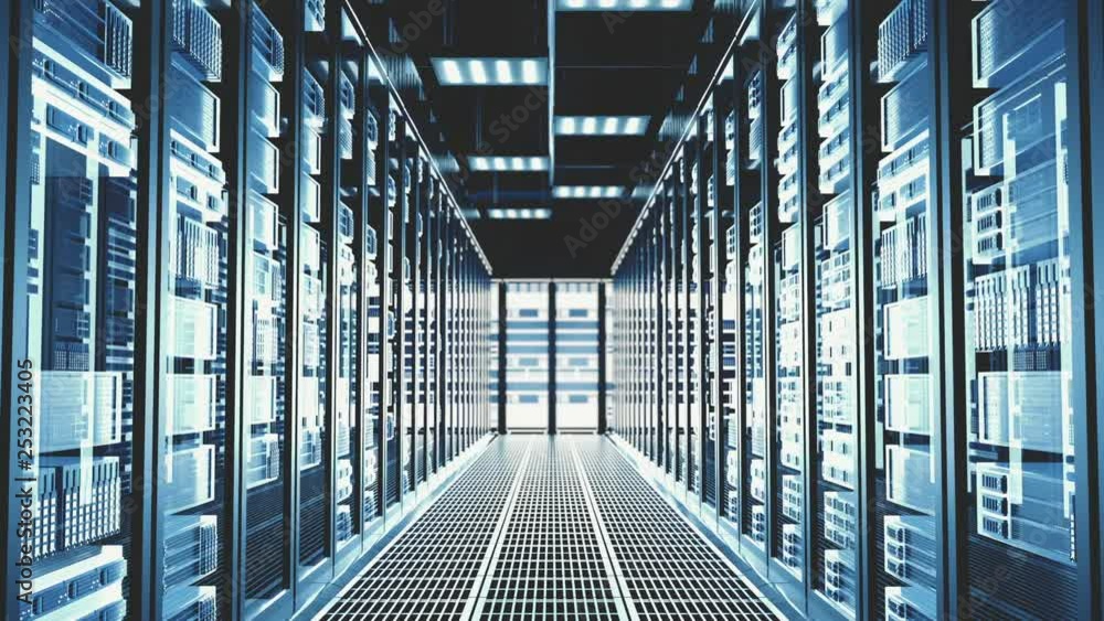 Cloud computing datacenter server room. Cloud computing data storage 3d rendering. Servers racks ...