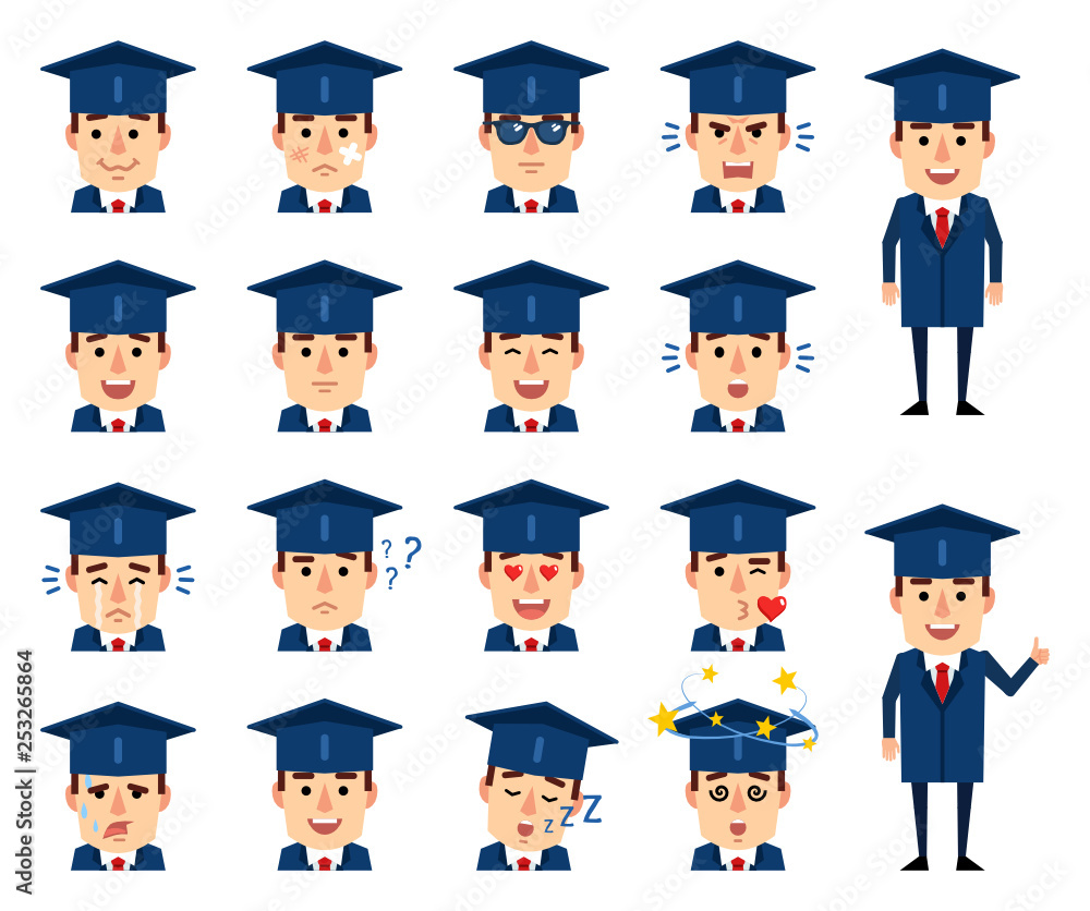 Set of graduate student emoticons showing various facial expressions ...