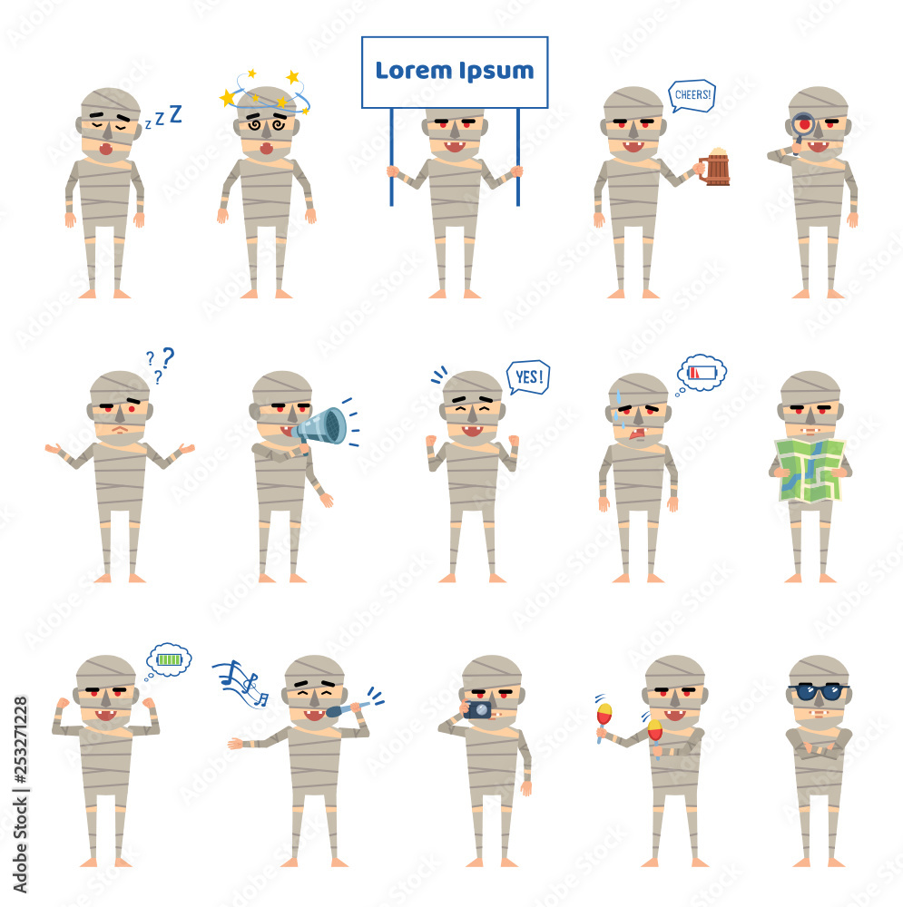 Set of halloween mummy characters showing various actions. Funny mummy ...