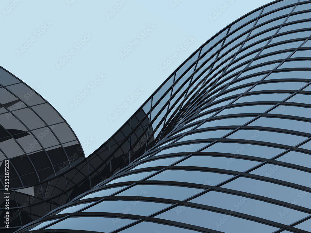 3D stimulate of high rise curve glass building and dark steel window ...