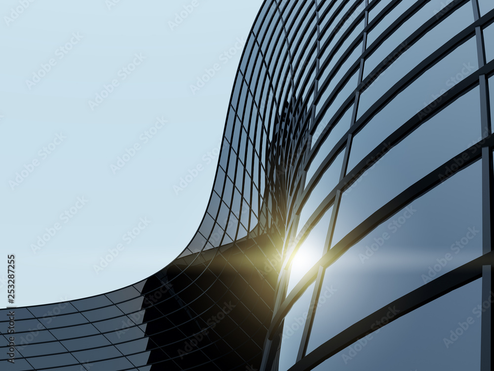 3D stimulate of high rise curve glass building and dark steel window ...