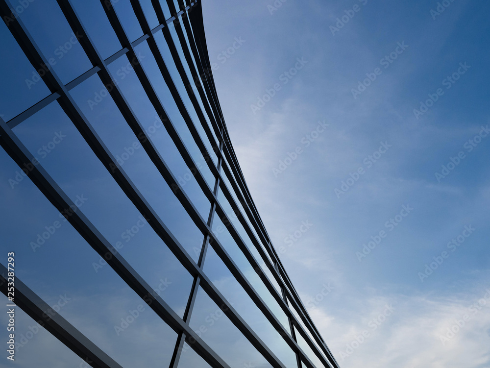3D stimulate of high rise curve glass building and dark steel window ...