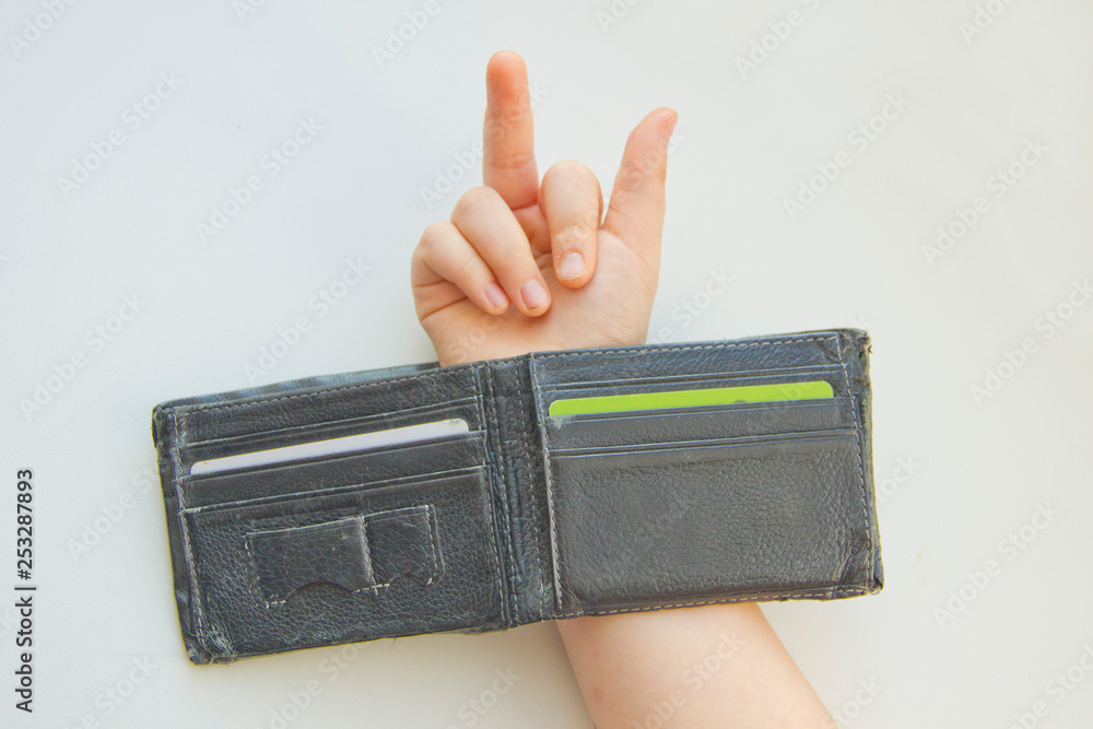 Hand with empty wallet. As banrupt concept. Human hand show middle ...