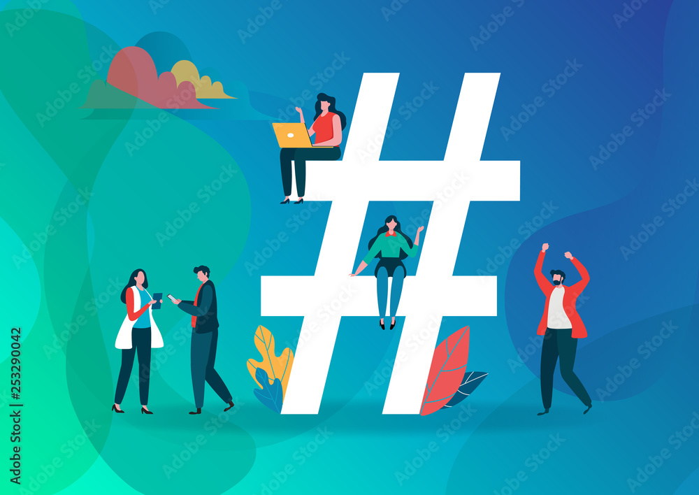 Hashtag Symbol vector illustration. Group of people on social media ...