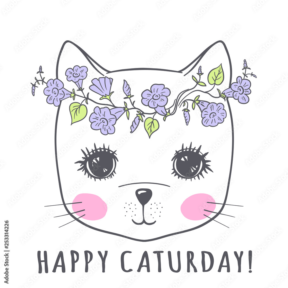 Cute cat face with bindweed wreath. Happy Caturday slogan. Cartoon ...