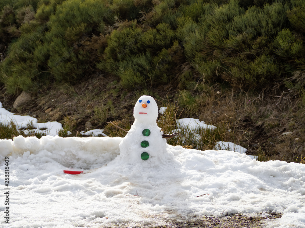Snowman made with a carrot in the nose and plugs in the eyes and ...