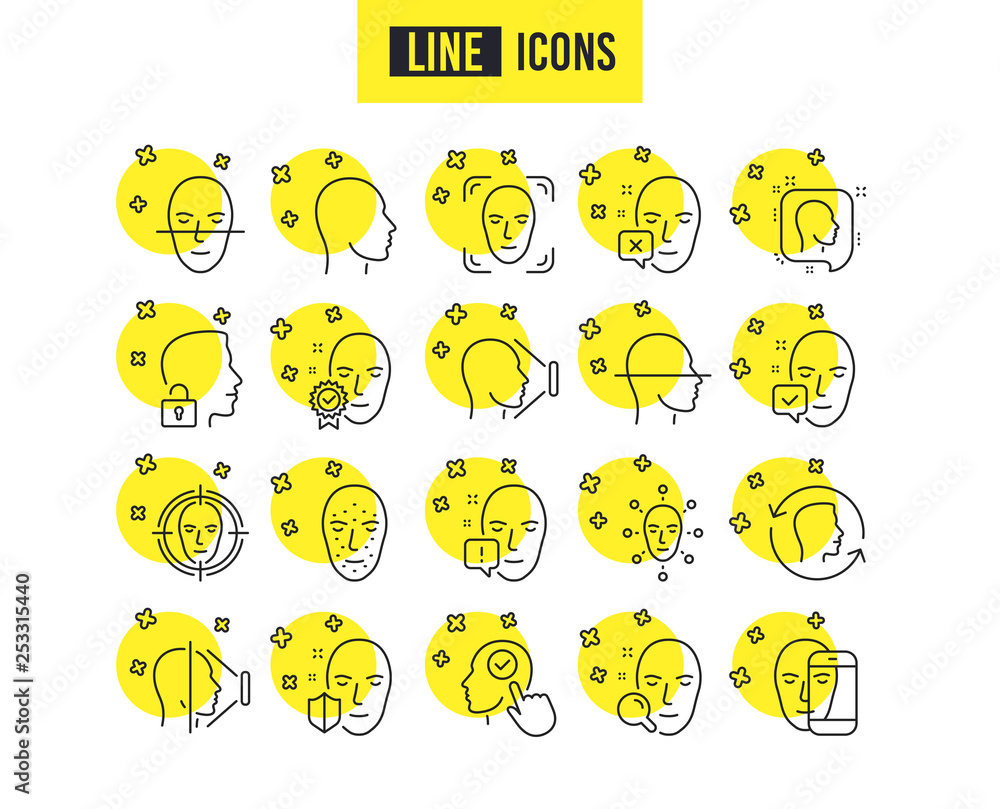 Face Recognition Line Icons Set Of Faces Biometrics Detection Scanning And Unlock System