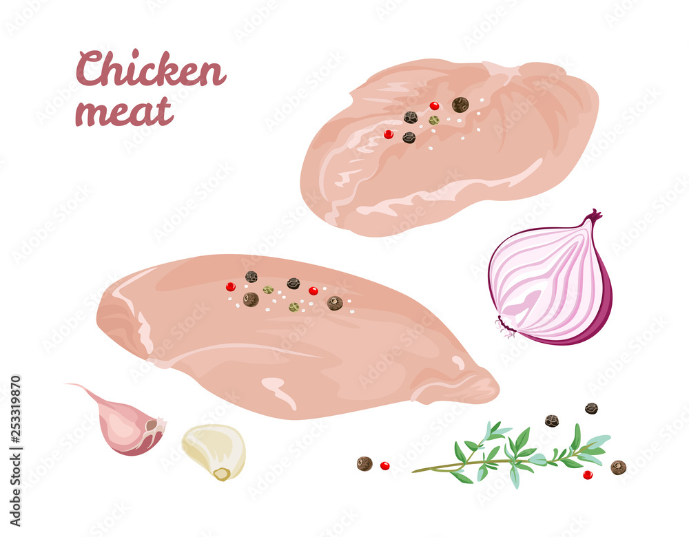 Сhicken meat with spices isolated on white background. Fresh chicken ...